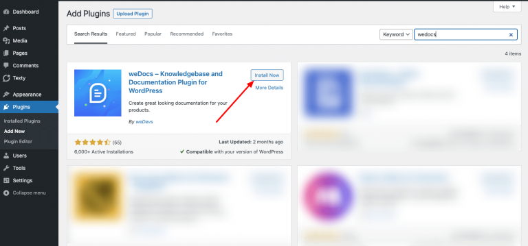 Installing WordPress documentation plugin - weDocs